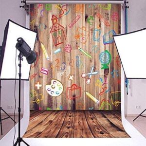 Leowefowa Back to School Backdrop 5x7ft Vinyl Photography Backdrops Hand Painted Pencils House Books on Vintage Retro Stripes Wood Floor Background Baby Kids Children Photo Studio Props