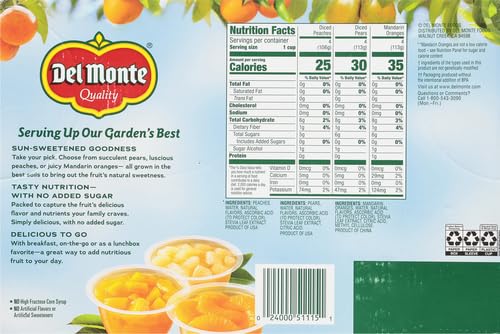 Del Monte No Sugar Added Variety Fruit Cups (Peaches, Pears, Mandarin Oranges), 4 Ounce (Pack of 12) 2002456