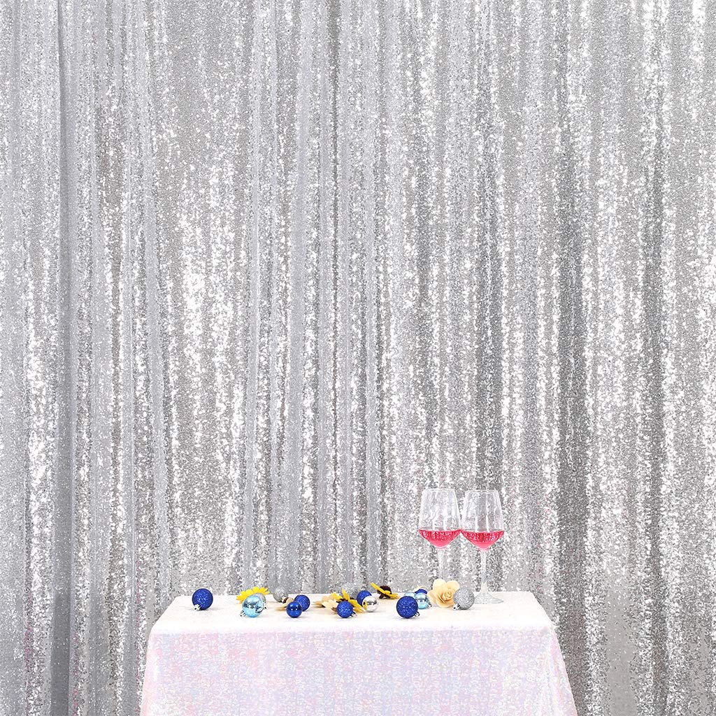 Eternal Beauty Silver Sequin Wedding Backdrop Photography Background Party Curtain, 8Ft X 8Ft