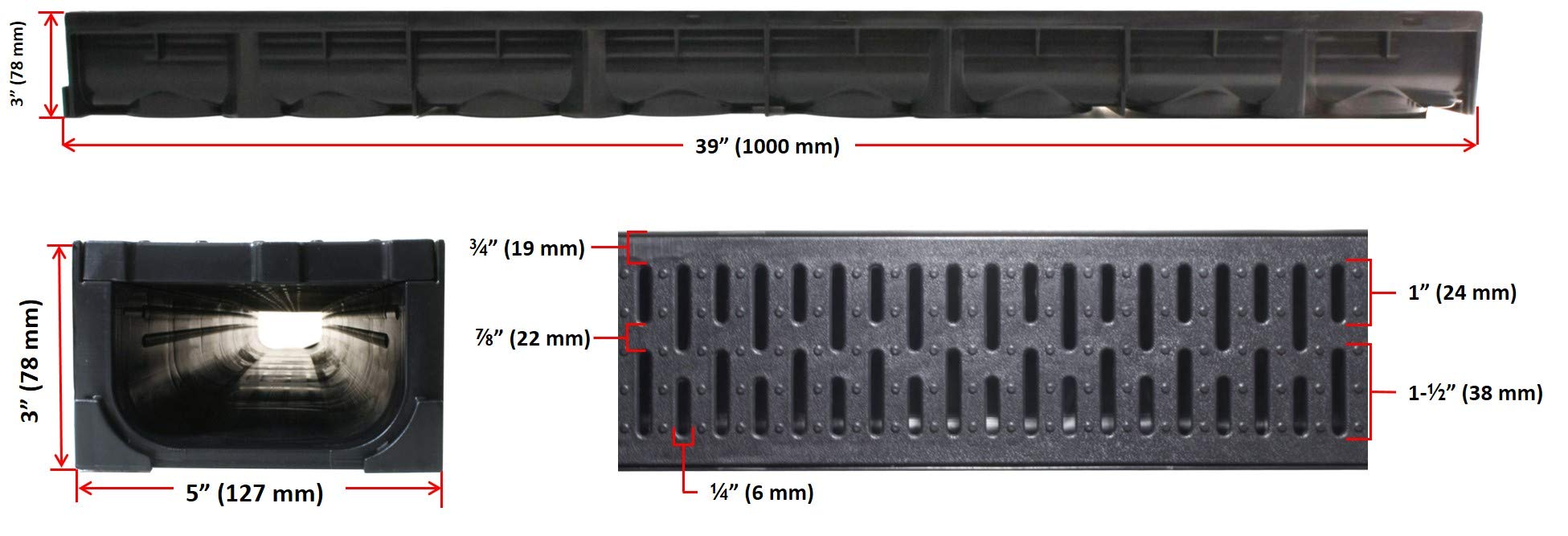 Drainage Trench - Channel Drain with Grate - Black Plastic - 3 x 39 - (117" Total Length)