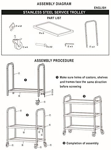 AmGood Stainless Steel Dining Cart - 3 Shelf Heavy Duty Utility Cart on Wheels (Medium - 34" Legth x 18" Width)