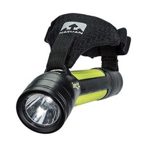 nathan zephyr running flashlight. adjustable hand-held led light with safety whistle. for runners, walkers, cyclist, kids, security. handheld dual front and back light to see and be-seen.