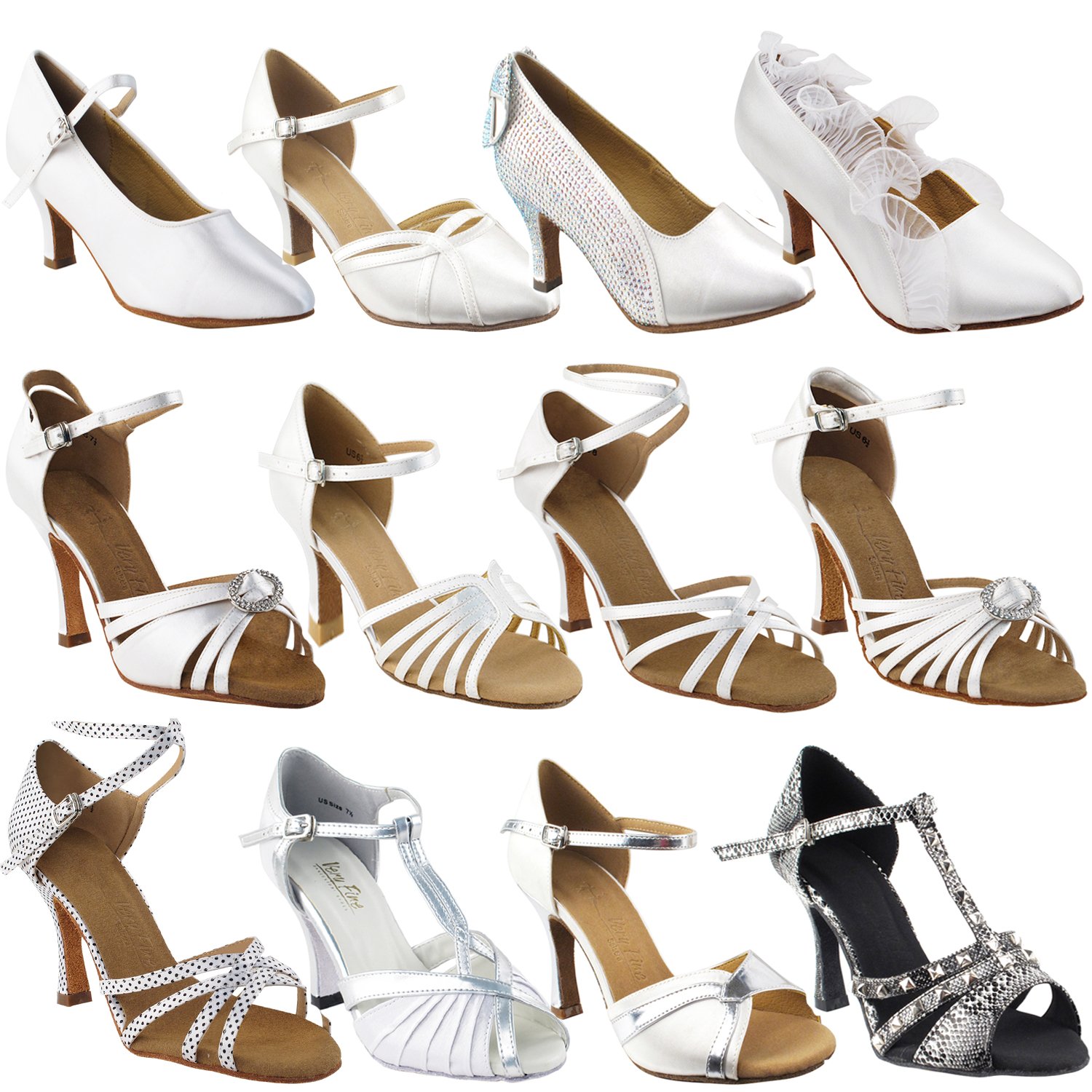 50 Shades White Ballroom Latin Dance Shoes for Women: 5017 White Satin & White Mesh, 3' High Heel, Size 7