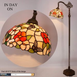 WERFACTORY Tiffany Floor Lamp Butterfly Amber Stained Glass Arched Lamp 12X18X64 Inches Gooseneck Adjustable Corner Standing Reading Light Decor Bedroom Living Room S275 Series