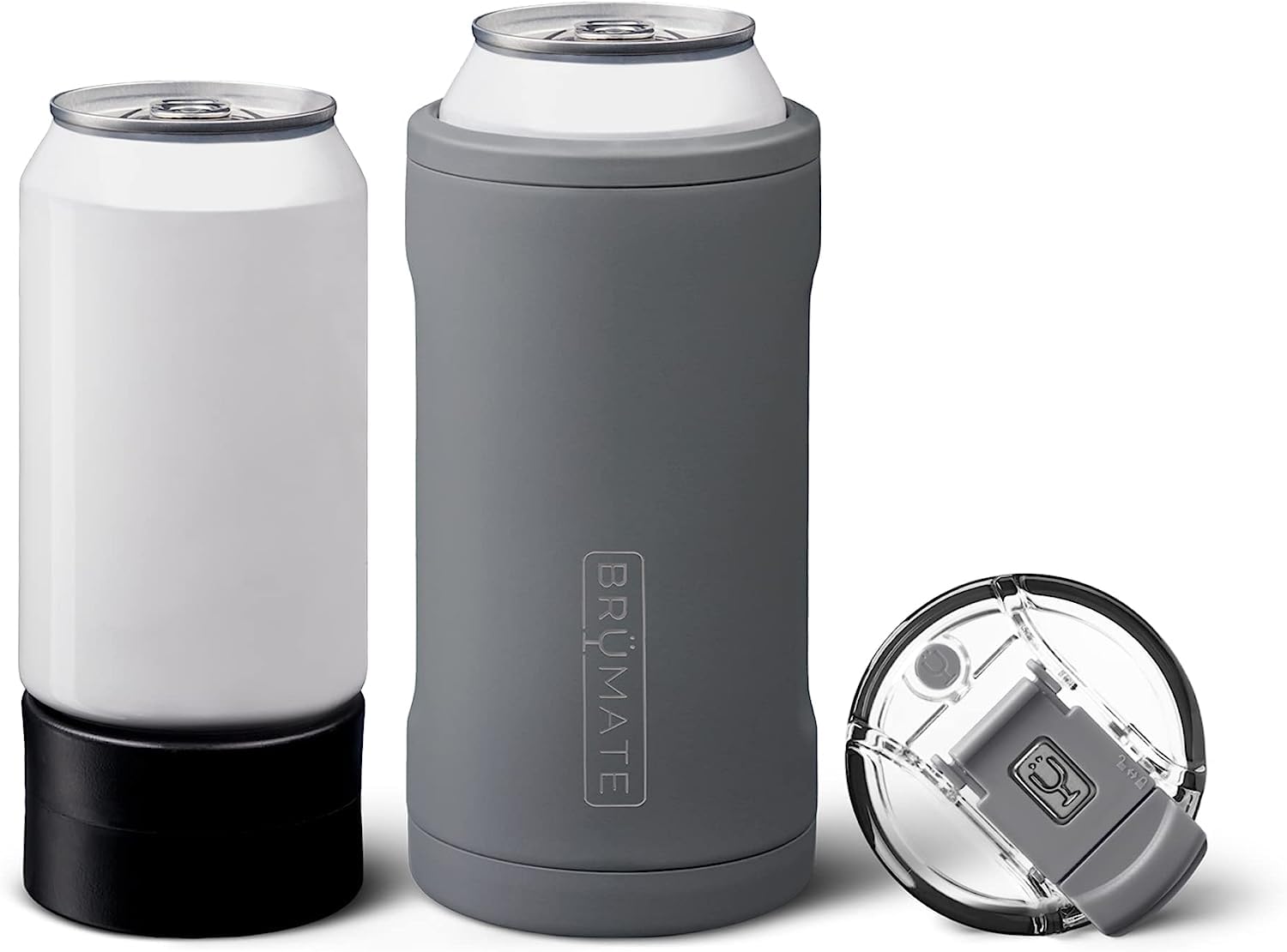 BrüMate Hopsulator Trio 3-in-1 Insulated Can Cooler for 12oz / 16oz Cans + 100% Leak Proof Tumbler with Lid | Insulated for Beer, Soda, and Energy Drinks (Matte Gray)