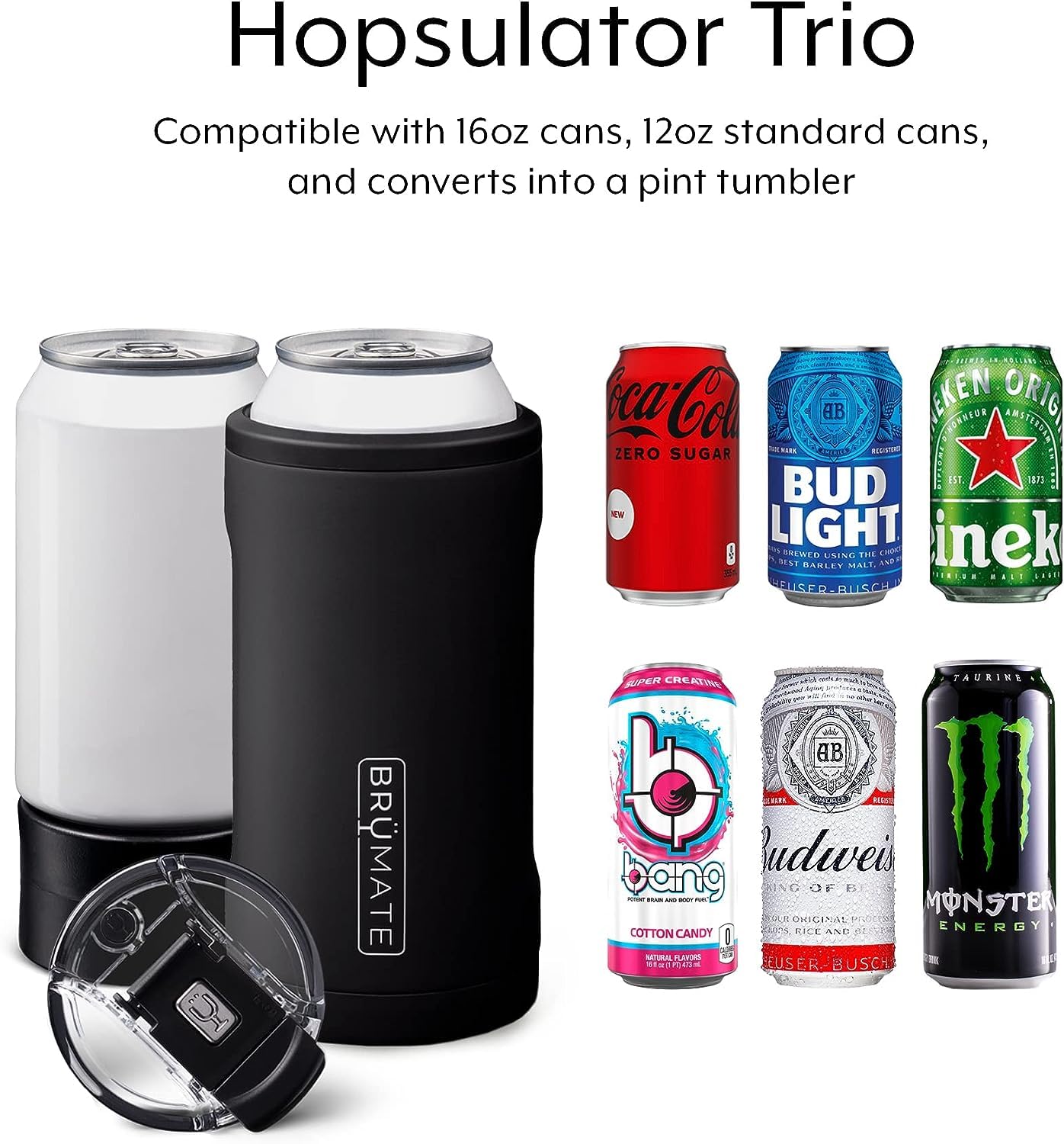 BrüMate Hopsulator Trio 3-in-1 Insulated Can Cooler for 12oz / 16oz Cans + 100% Leak Proof Tumbler with Lid | Insulated for Beer, Soda, and Energy Drinks (Matte Gray)