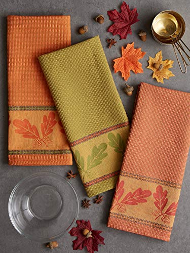 DII Fall Kitchen Towels Decorative and Absorbent Cotton Jacquard Dish Towel Set, 18x28, Autumn Acorn Leaves, 3 Count