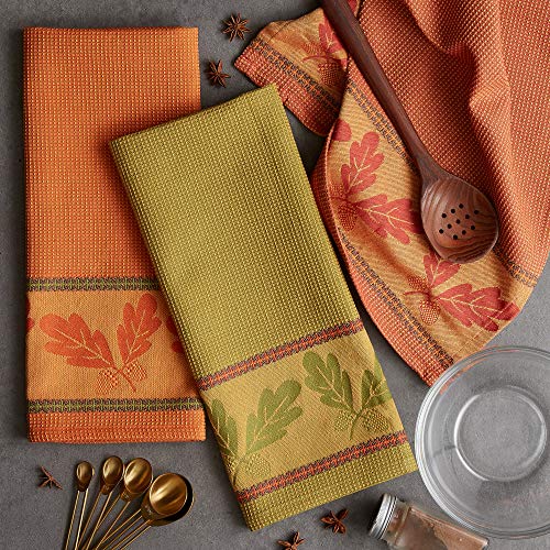 DII Fall Kitchen Towels Decorative and Absorbent Cotton Jacquard Dish Towel Set, 18x28, Autumn Acorn Leaves, 3 Count