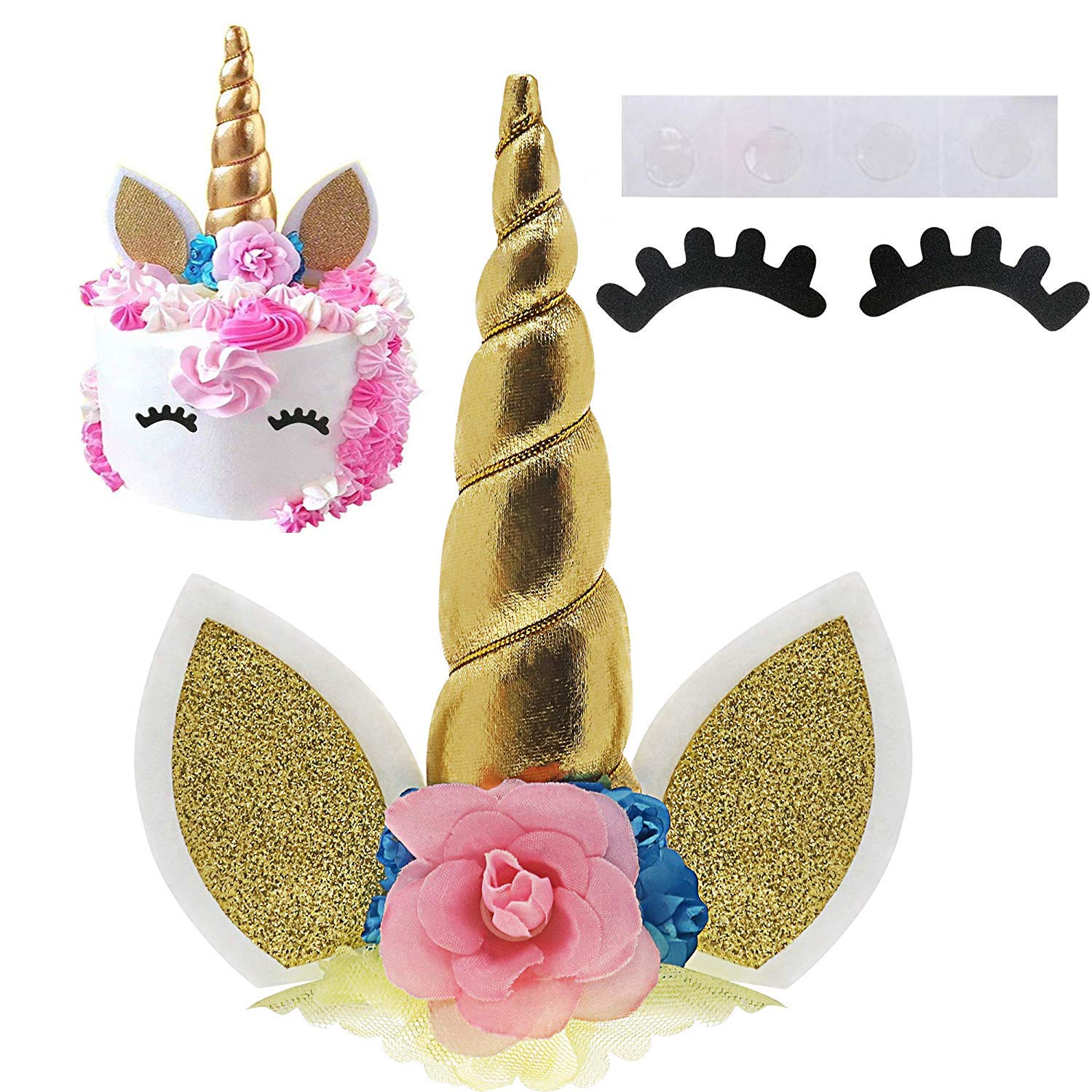 Unicorn Cake Topper with Eyelashes/Gold Unicorn Horn, Ears and Flowers for Birthday Wedding Baby Shower Party Cake Decoration