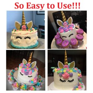 Unicorn Cake Topper with Eyelashes/Gold Unicorn Horn, Ears and Flowers for Birthday Wedding Baby Shower Party Cake Decoration