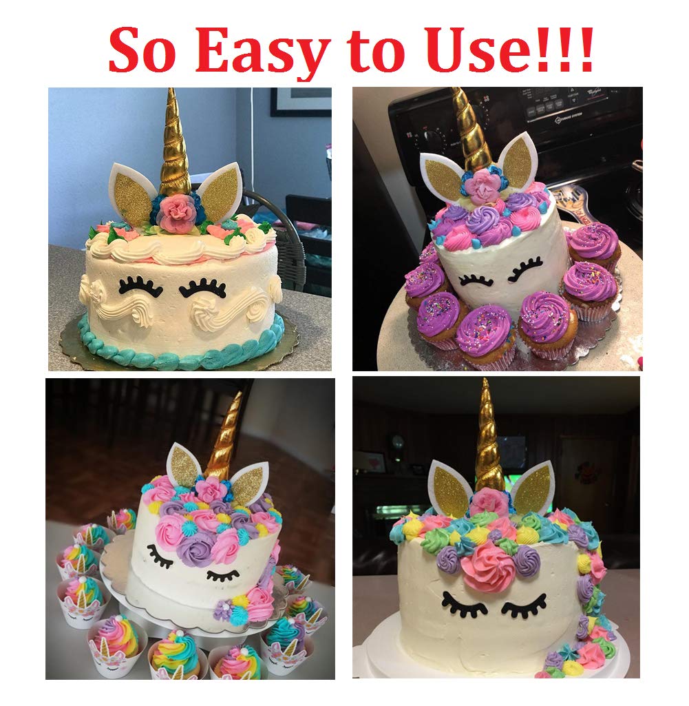 Unicorn Cake Topper with Eyelashes/Gold Unicorn Horn, Ears and Flowers for Birthday Wedding Baby Shower Party Cake Decoration