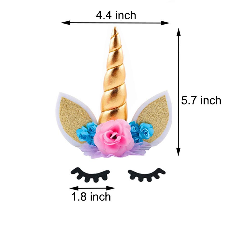 Unicorn Cake Topper with Eyelashes/Gold Unicorn Horn, Ears and Flowers for Birthday Wedding Baby Shower Party Cake Decoration