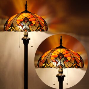 WERFACTORY Tiffany Floor Lamp Red Brown Liaison Stained Glass Standing Reading Light 16X16X64 Inches Antique Pole Corner Lamp Decor Bedroom Living Room Home Office S160R Series