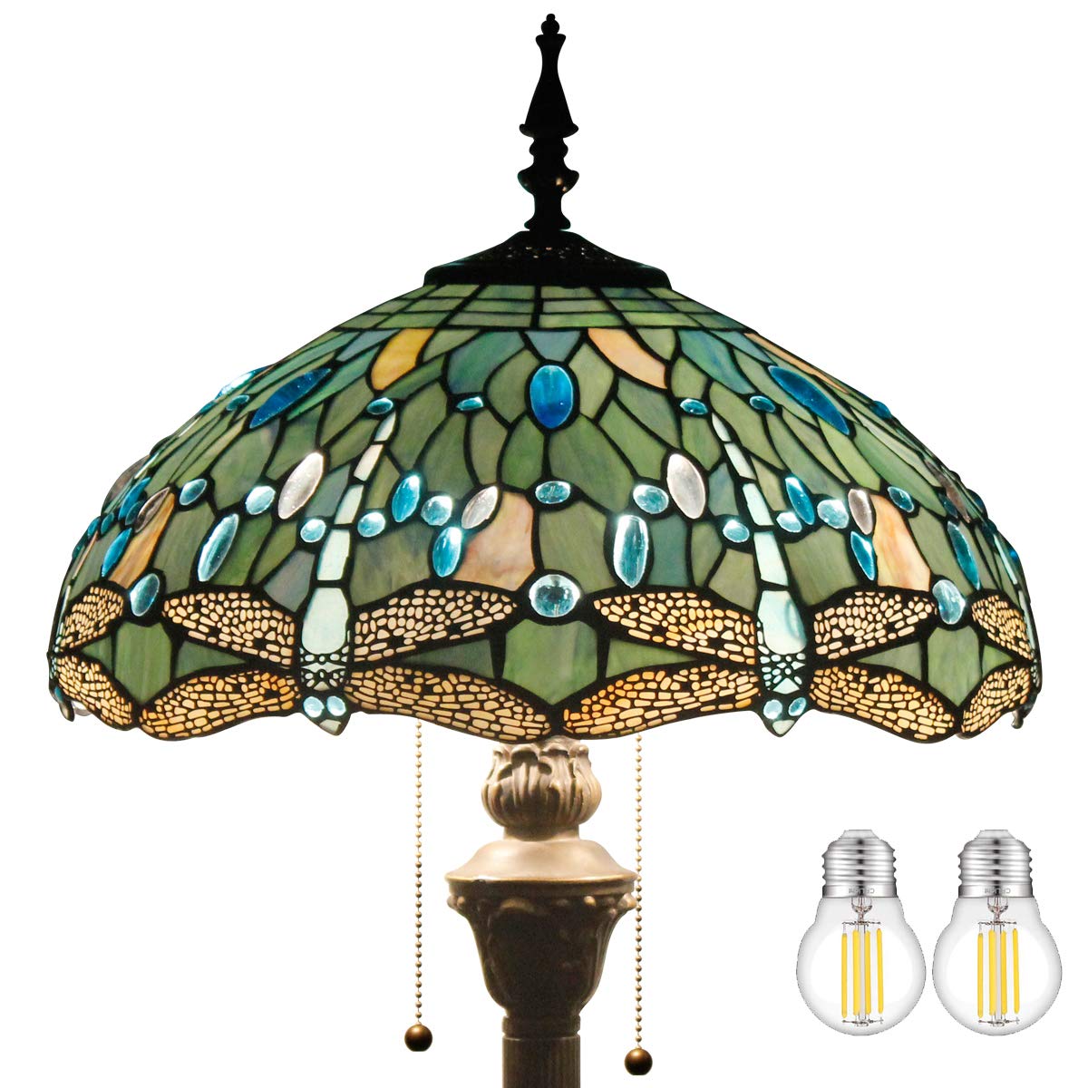 WERFACTORY Tiffany Floor Lamp Sea Blue Stained Glass Dragonfly Standing Reading Light 16X16X64 Inches Antique Pole Corner Lamp Decor Bedroom Living Room Home Office S147 Series