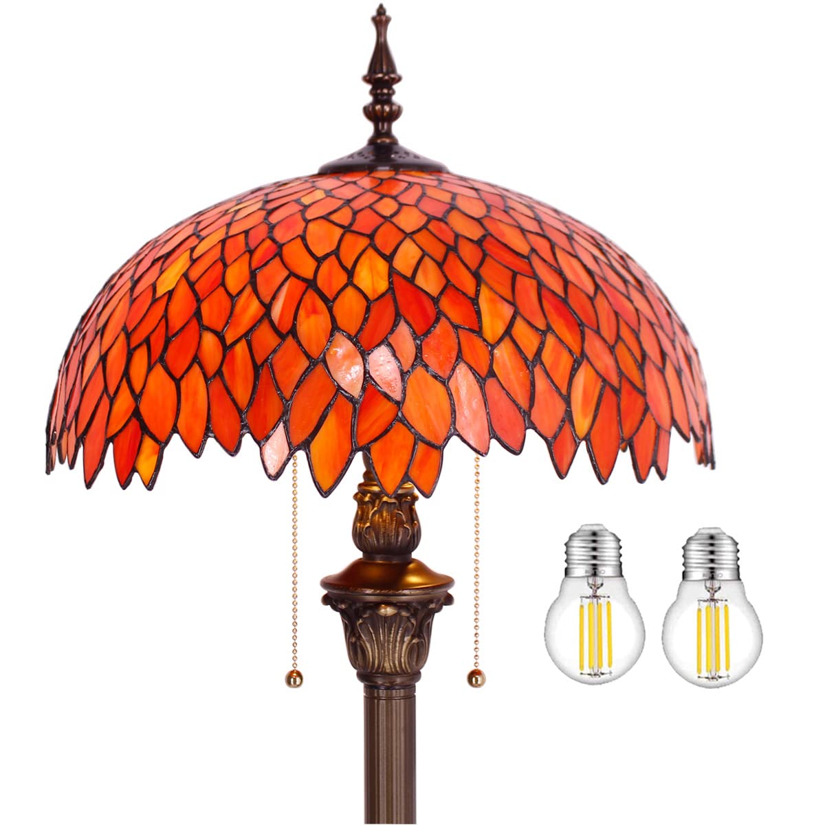 WERFACTORY Tiffany Floor Lamp Red Orange Wisteria Stained Glass Standing Reading Light 16X16X64 Inches Antique Style Pole Corner Lamp Decor Bedroom Living Room Home Office S523R Series