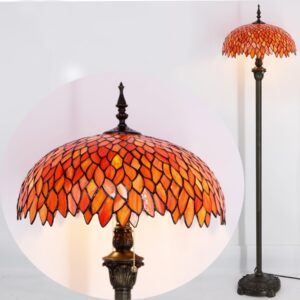 WERFACTORY Tiffany Floor Lamp Red Orange Wisteria Stained Glass Standing Reading Light 16X16X64 Inches Antique Style Pole Corner Lamp Decor Bedroom Living Room Home Office S523R Series