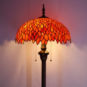 WERFACTORY Tiffany Floor Lamp Red Orange Wisteria Stained Glass Standing Reading Light 16X16X64 Inches Antique Style Pole Corner Lamp Decor Bedroom Living Room Home Office S523R Series