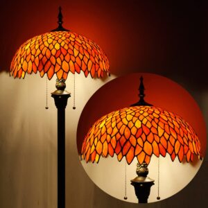 WERFACTORY Tiffany Floor Lamp Red Orange Wisteria Stained Glass Standing Reading Light 16X16X64 Inches Antique Style Pole Corner Lamp Decor Bedroom Living Room Home Office S523R Series