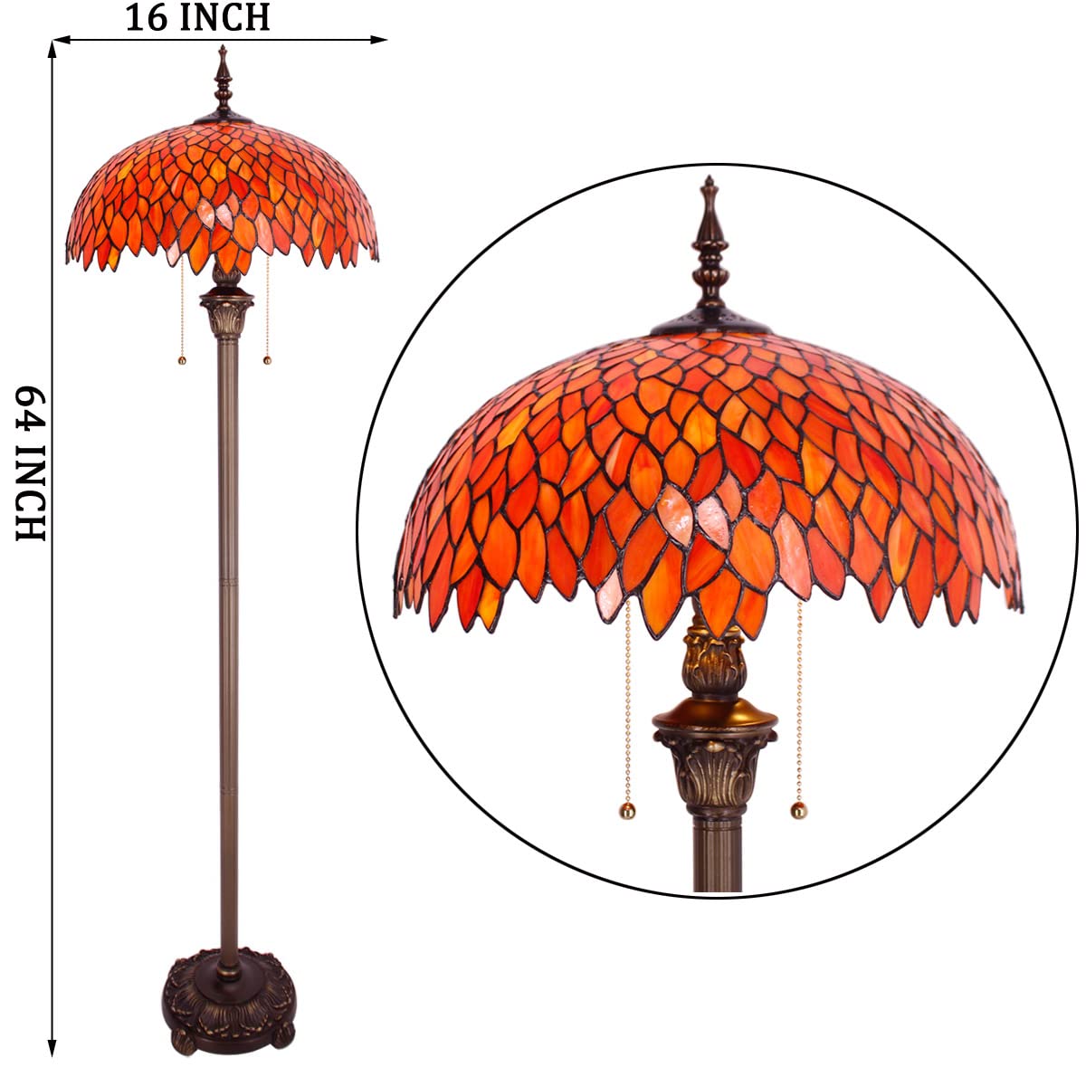 WERFACTORY Tiffany Floor Lamp Red Orange Wisteria Stained Glass Standing Reading Light 16X16X64 Inches Antique Style Pole Corner Lamp Decor Bedroom Living Room Home Office S523R Series