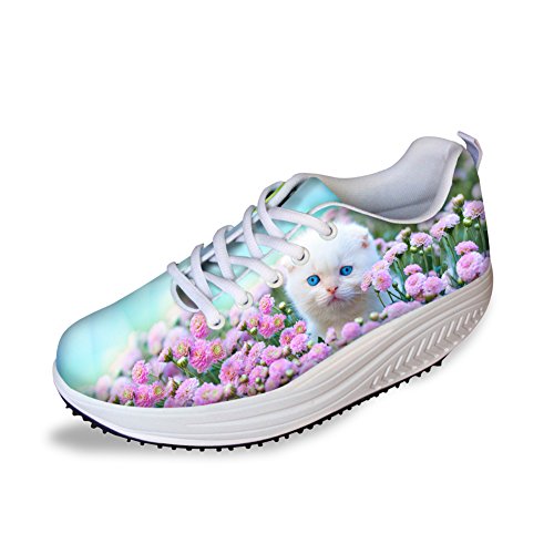 FOR U DESIGNS Funny Cat in Floral Women's Shoes Platform Lace Up Fitness Fashion Sneakers US 8