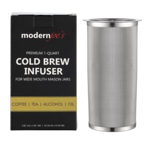 modernjoe's premium infuser cold coffee maker for 1 quart wide mouth mason jars.cold brew filter for mason jar.perfect for ice coffee and tea. 50 micron extra fine mesh 304 stainless steel