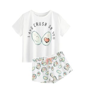 DIDK Women's Cute Cartoon Print Tee and Shorts Pajama Set Avocado White Large