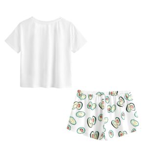 DIDK Women's Cute Cartoon Print Tee and Shorts Pajama Set Avocado White Large