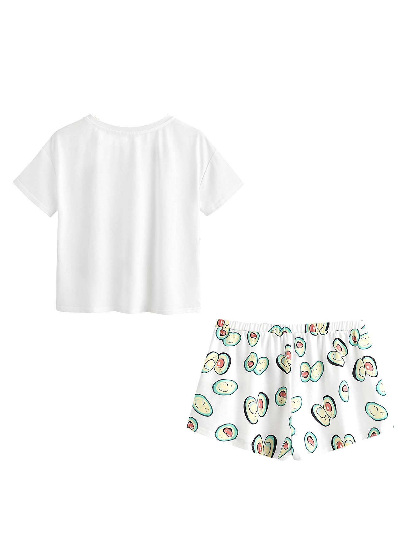 DIDK Women's Cute Cartoon Print Tee and Shorts Pajama Set Avocado White Large