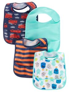 simple joys by carter's baby 4- pack feeder bibs, fire trucks/monsters/stripe, one size