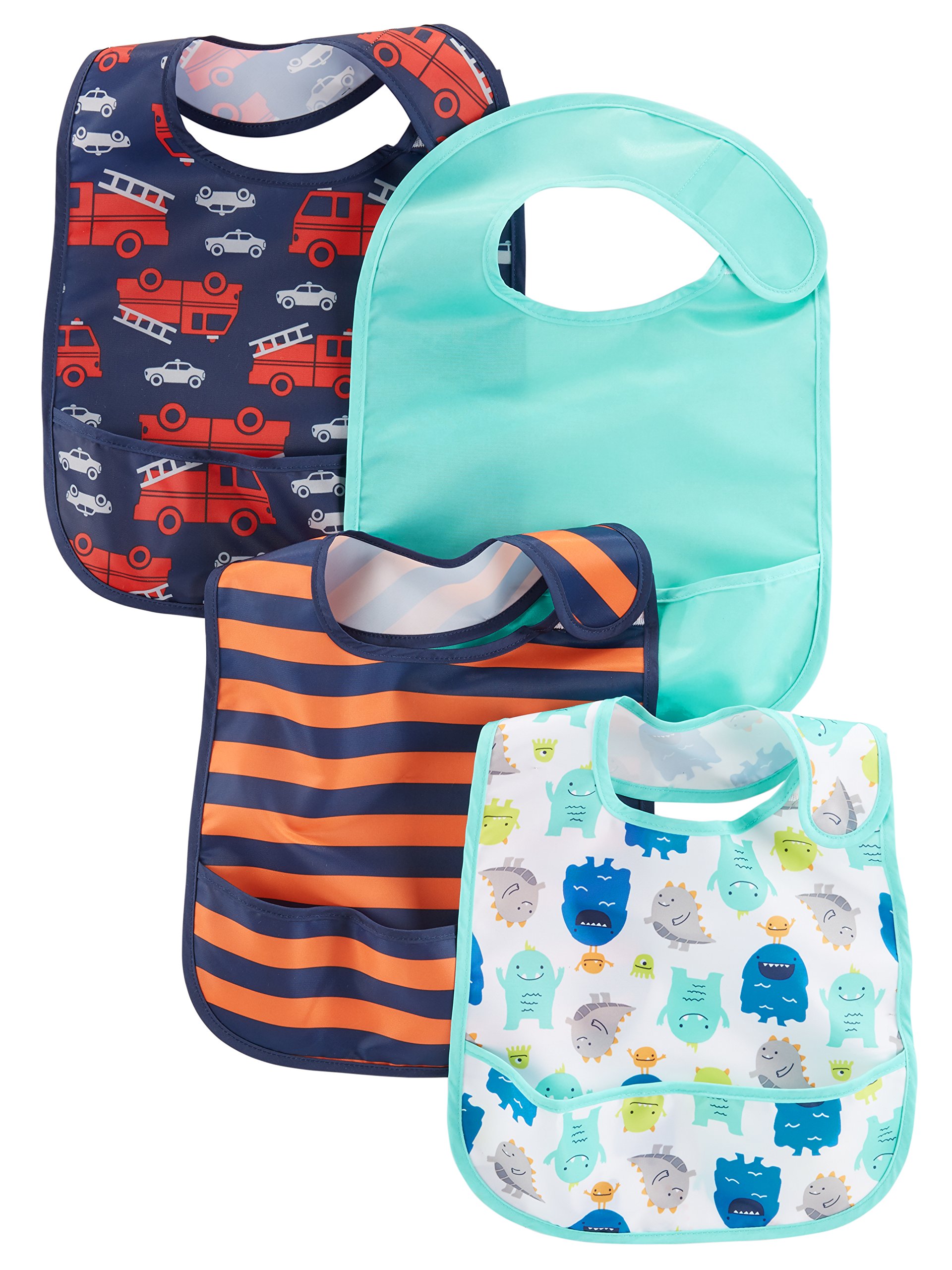 Simple Joys by Carter's Baby 4- Pack Feeder Bibs, Fire Trucks/Monsters/Stripe, One Size