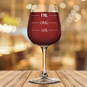 LOL-OMG-FML Funny Wine Glass - Wine Gifts for Women, Mom - Unique Gag Gift for Friends, Sister, Wife - Cool Bday, Birthday Present Idea from Him, Husband - Fun Novelty White Elephant Gift