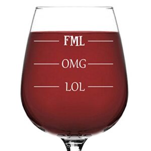 LOL-OMG-FML Funny Wine Glass - Wine Gifts for Women, Mom - Unique Gag Gift for Friends, Sister, Wife - Cool Bday, Birthday Present Idea from Him, Husband - Fun Novelty White Elephant Gift