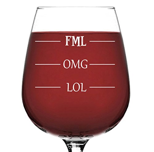 LOL-OMG-FML Funny Wine Glass - Wine Gifts for Women, Mom - Unique Gag Gift for Friends, Sister, Wife - Cool Bday, Birthday Present Idea from Him, Husband - Fun Novelty White Elephant Gift