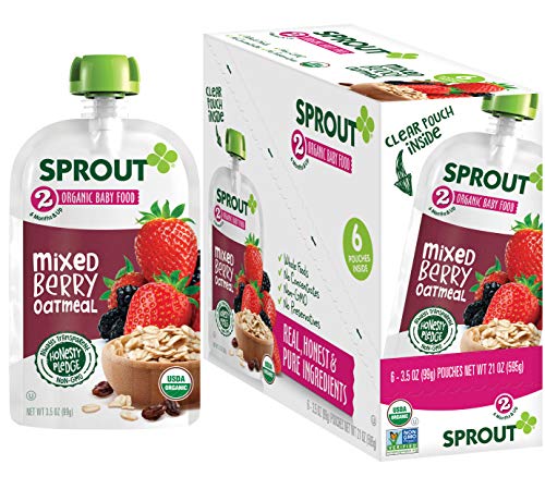 Sprout Organic Baby Food, Stage 2 Pouches, Fruit Veggie & Grain Blend, Mixed Berry Oatmeal, 3.5 Oz Purees (Pack of 6)