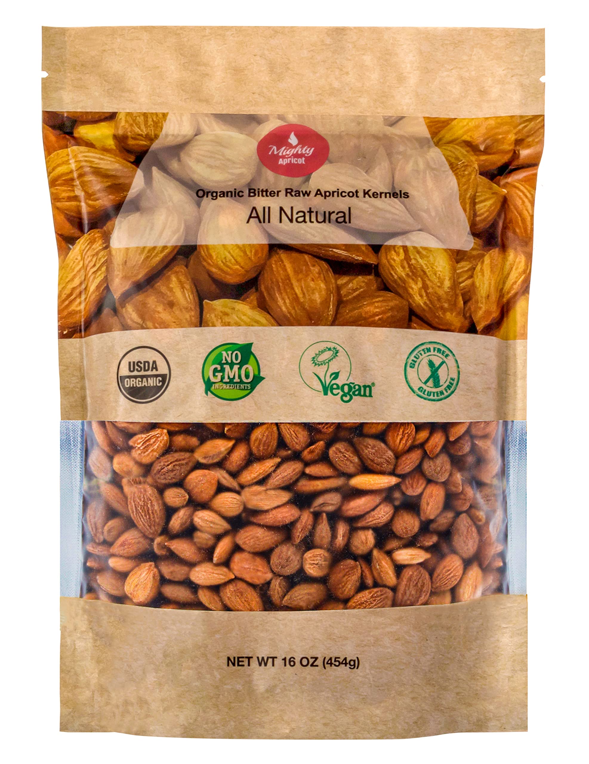 Mighty Apricot USDA Organic Bitter Apricot Kernels(1LB) 16oz, Natural Raw Bitter Apricot Seeds, Vegan, Non-GMO, Gluten Free, Great source of Vitamin B17 and B15