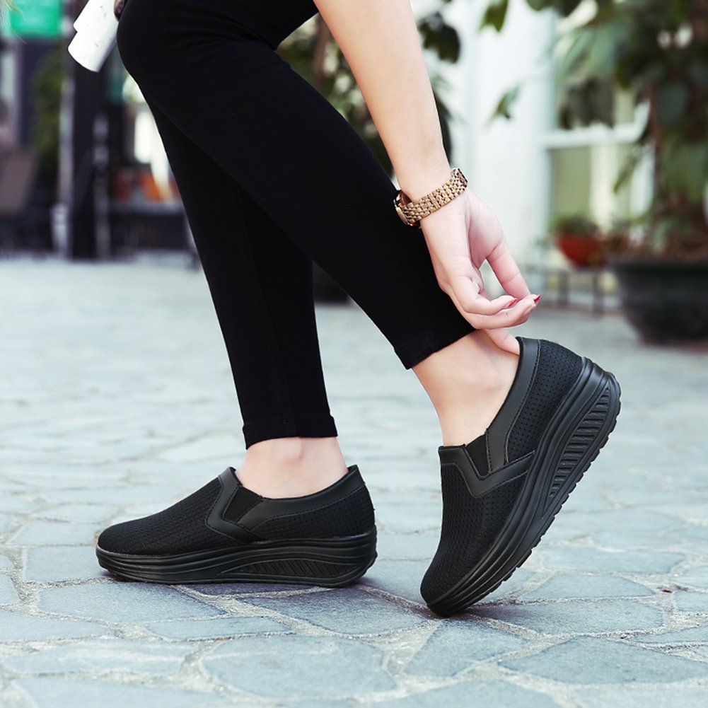 L LOUBIT Women Wedge Shoes Breathable Mesh Sneakers Slip On Comfort Platform Walking Shoes Black 38