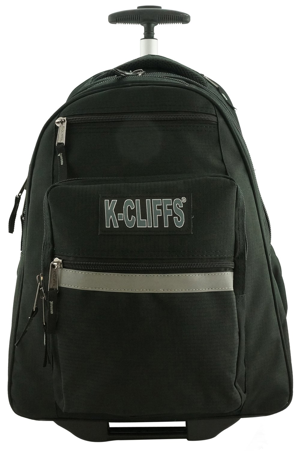 K-Cliffs Heavy Duty Rolling Backpack School Backpacks with Wheels Deluxe Trolley Book Bag Wheeled Daypack Workbag Multiple Pockets Bookbag with Safety Reflective Stripe Black