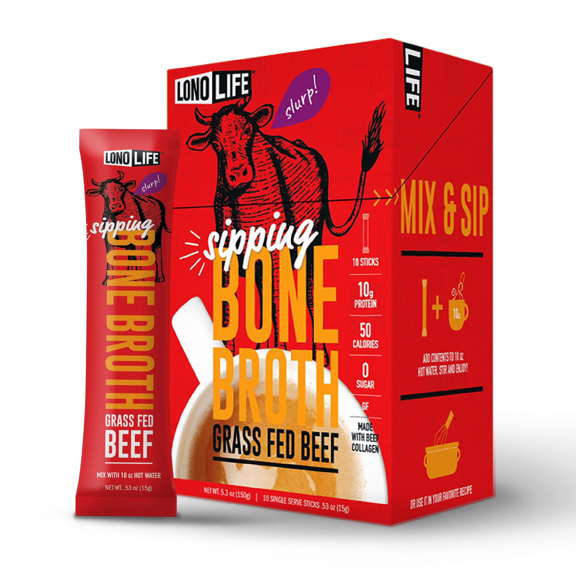 LonoLife Beef Bone Broth Sticks: 10g Protein, Keto Friendly - 10 Portable Servings