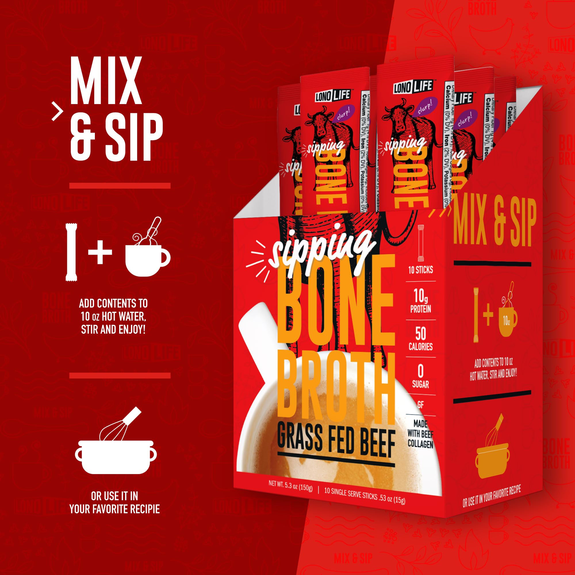 LonoLife Beef Bone Broth Sticks: 10g Protein, Keto Friendly - 10 Portable Servings