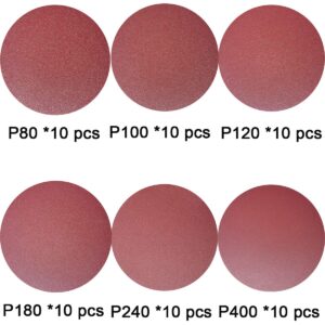 Premium 60 PCS 6" PSA Sanding Discs - 10 Each of 80 100 120 180 240 400 Grit - Self Adhesive Stickyback Sandpaper Discs for DA Sander, Sand Automotive Car Paint, Woodworking Wood, Metal