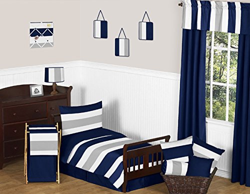 Sweet Jojo Designs Children Kids Teen Clothes Laundry Hamper for Navy Blue and Gray Stripe Bedding Set