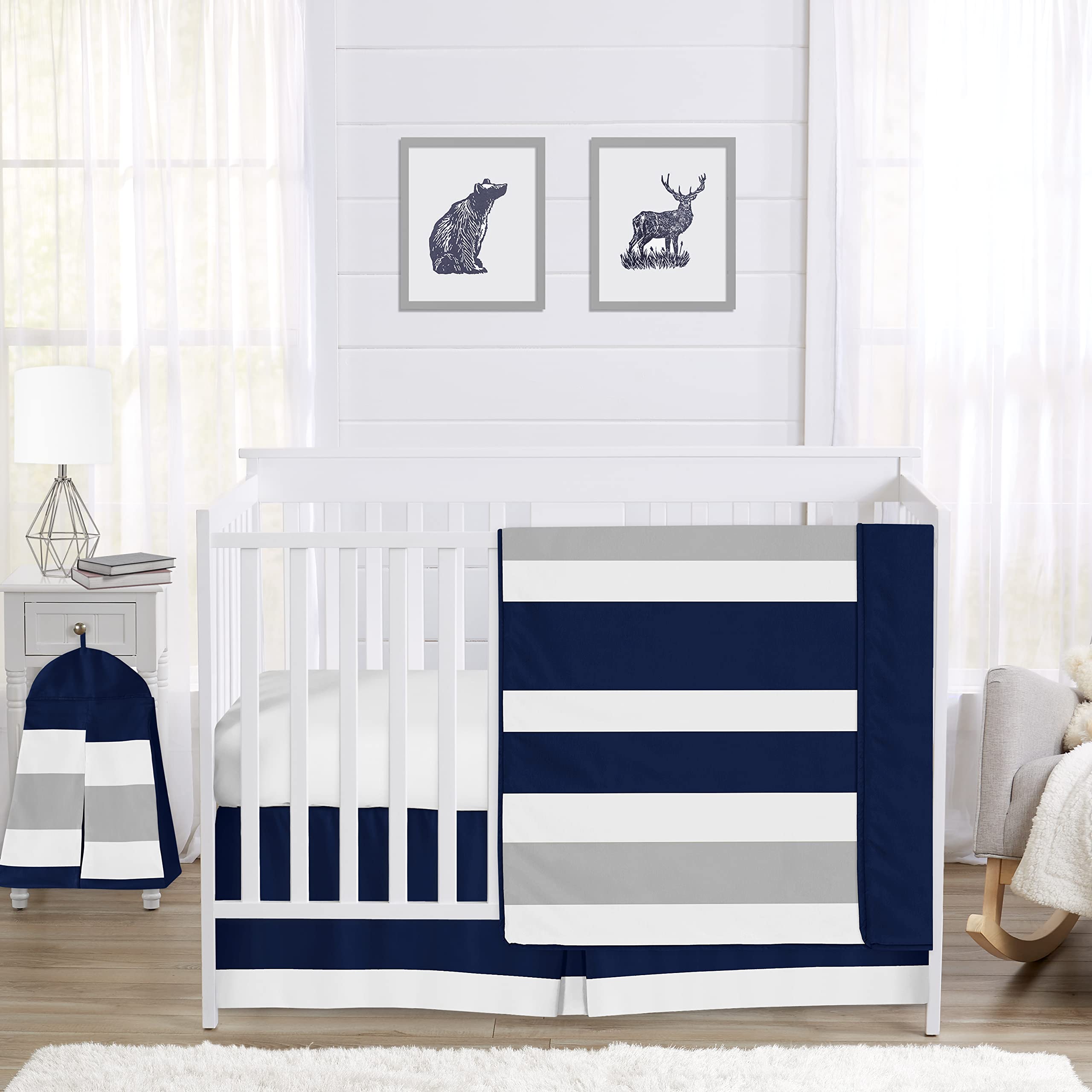 Sweet Jojo Designs Children Kids Teen Clothes Laundry Hamper for Navy Blue and Gray Stripe Bedding Set