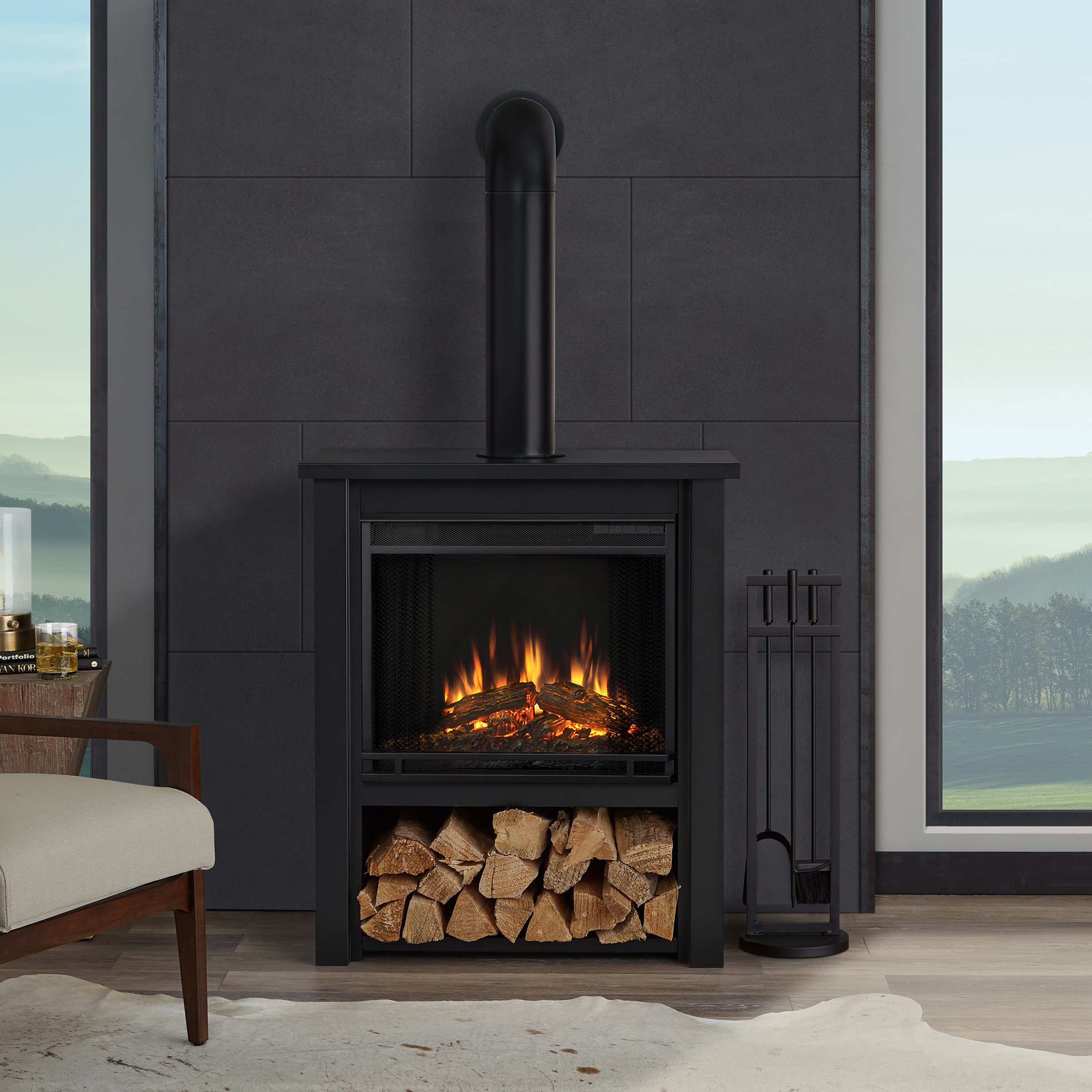 Real Flame Black Hollis Electric Fireplace - Freestanding with Remote Control - 6 Flame Colors & 5 Brightness Levels, Black