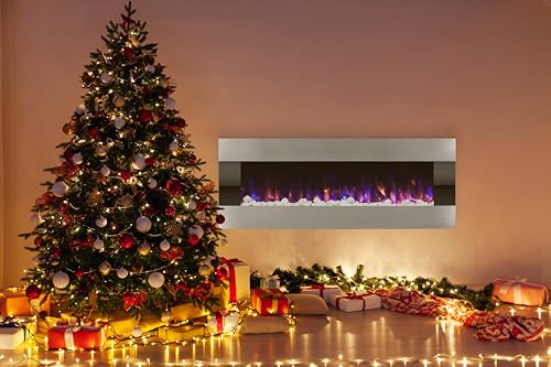 Electric Fireplace - 54 Inch Wall Mounted Fireplace Heater with Remote Control Adjustable LED Flame Color, Timer, and Heat by Northwest (Silver)