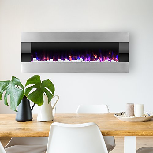 Electric Fireplace - 54 Inch Wall Mounted Fireplace Heater with Remote Control Adjustable LED Flame Color, Timer, and Heat by Northwest (Silver)