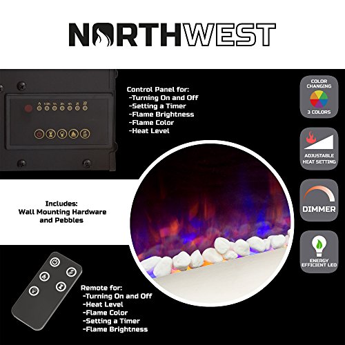 Electric Fireplace - 54 Inch Wall Mounted Fireplace Heater with Remote Control Adjustable LED Flame Color, Timer, and Heat by Northwest (Silver)