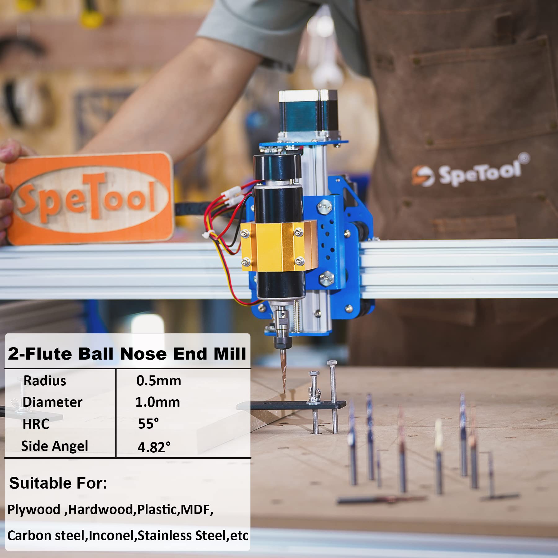 SpeTool Tapered Ball Nose Spiral Router Bit 1.0mm Tip Diameter ( 0.5mm Radius ) 4.82 Deg for CNC Milling Engraver Carving Bits