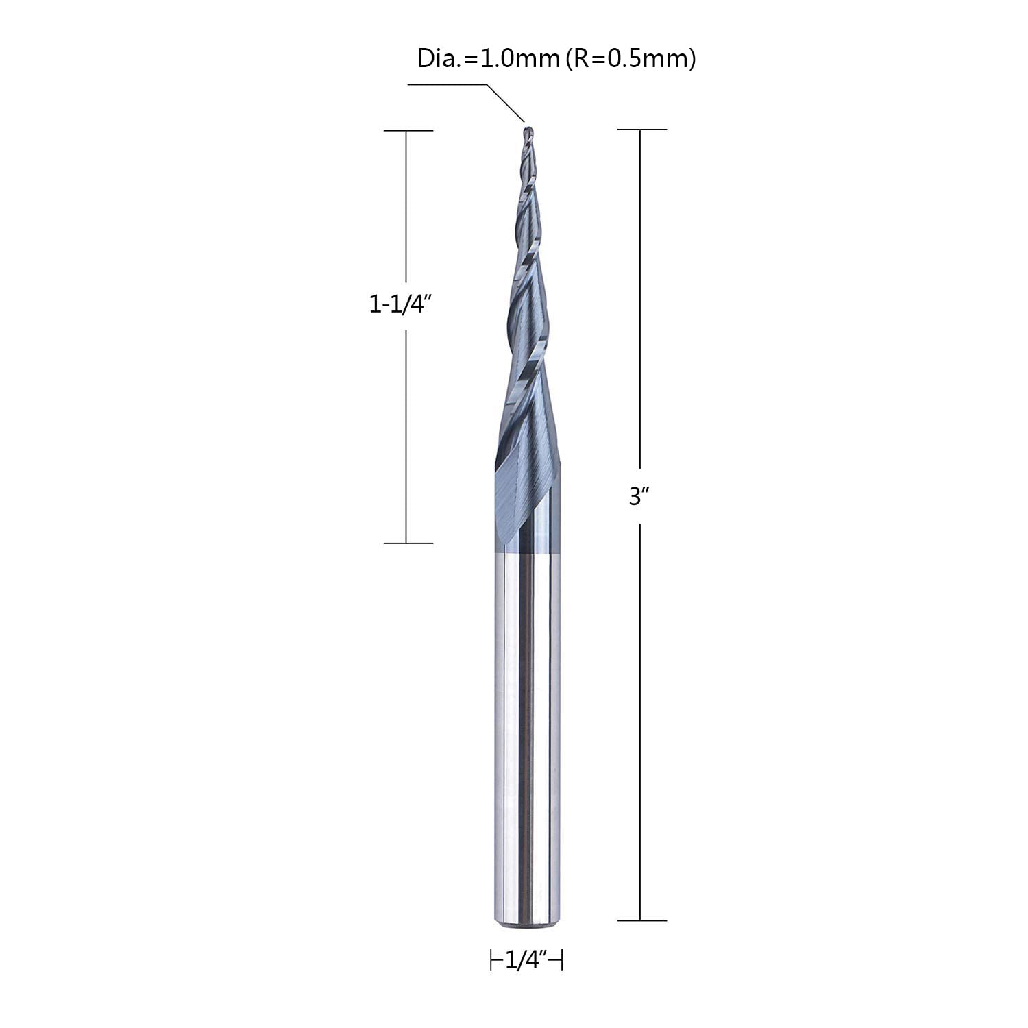 SpeTool Tapered Ball Nose Spiral Router Bit 1.0mm Tip Diameter ( 0.5mm Radius ) 4.82 Deg for CNC Milling Engraver Carving Bits