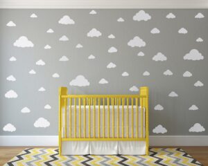 white clouds sky wall decals - easy peel + stick 50 clouds pack - kids playroom nursery sky for baby boy or girl - vinyl sticker art large decoration graphic decor mural