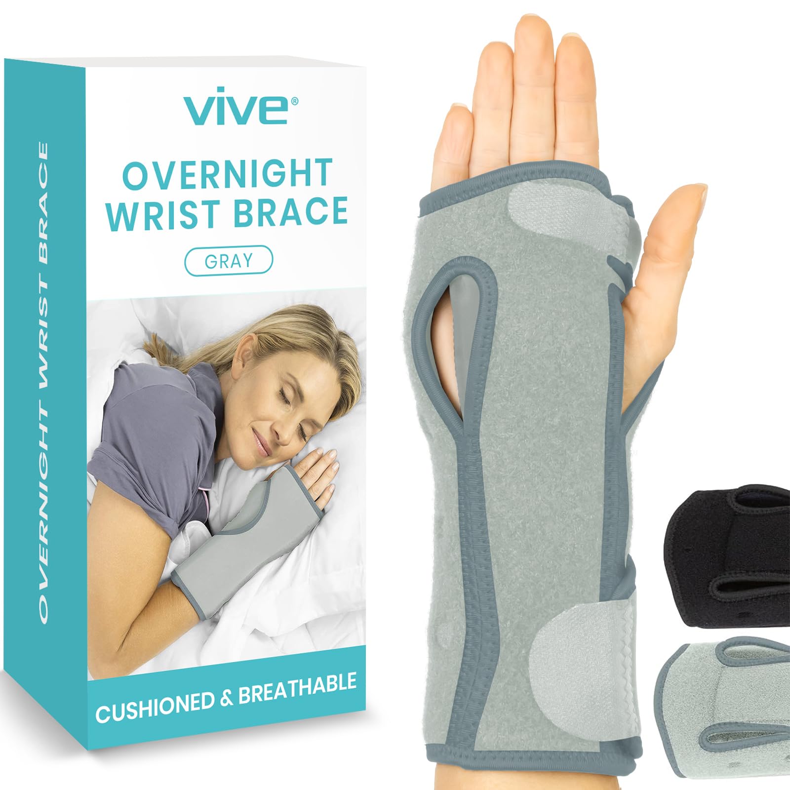 Vive Night Wrist Splint Brace - Left, Right Hand Sleep Support Wrap - Breathable & Lightweight Cushion Compression Arm Stabilizer for Carpal Tunnel, Men, Women, Kids, Tendonitis, Sports Pain